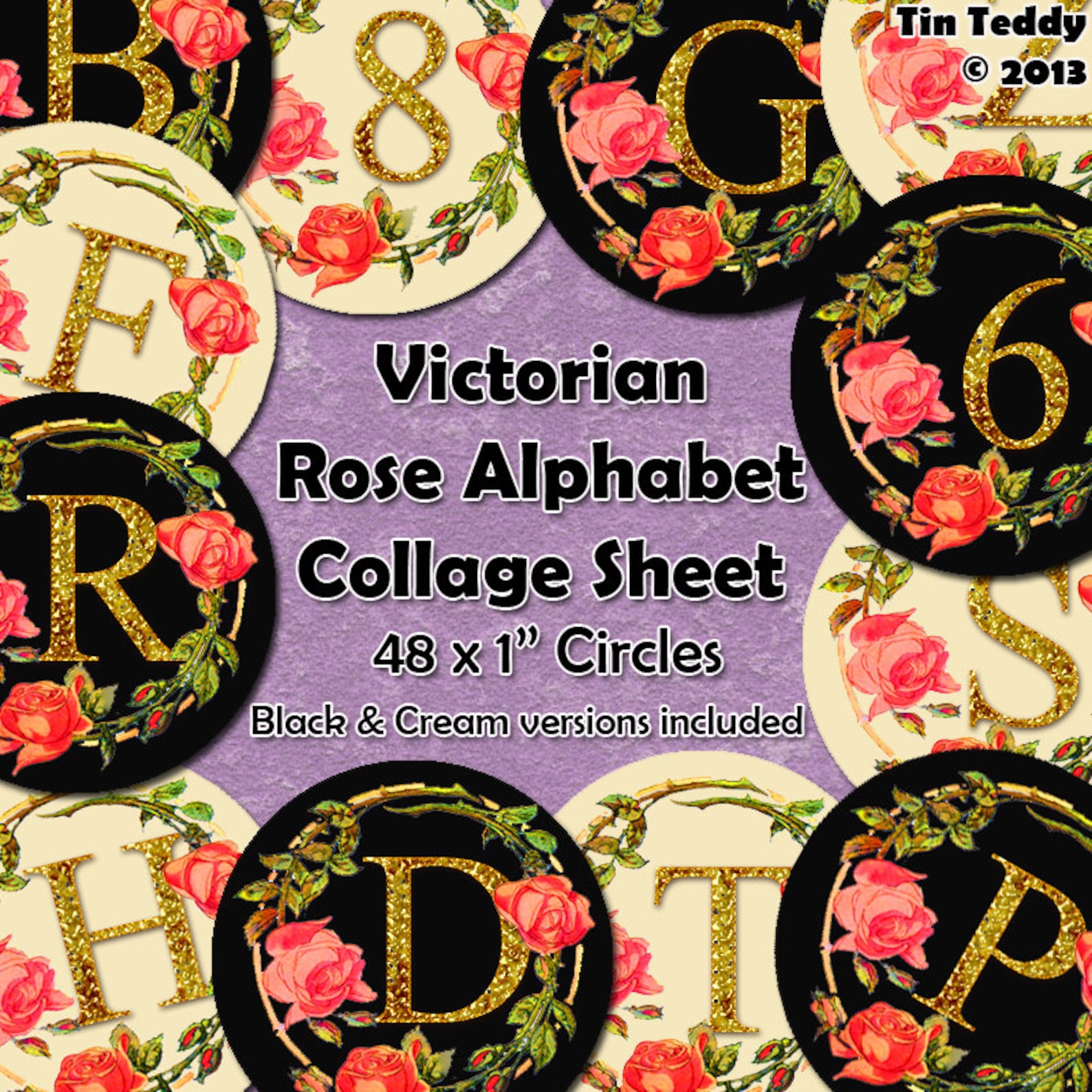 Victorian Rose Alphabet Digital Collage Sheet - 1 Inch Circles X 48 ...