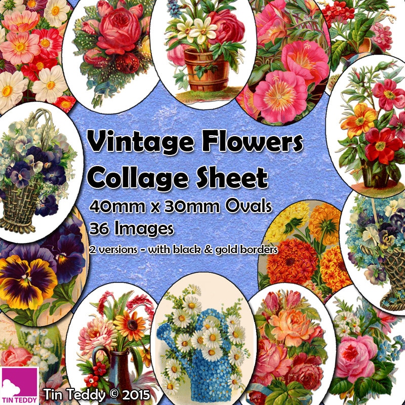 Vintage Flowers Digital Collage Sheet - 40mm X 30mm Flower Ovals - 36 ...