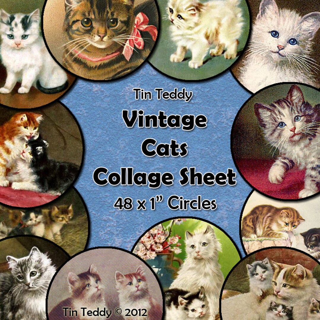 Vintage Cats Digital Collage Sheet - 1 Inch Circles X 48 - Cat Circles ...