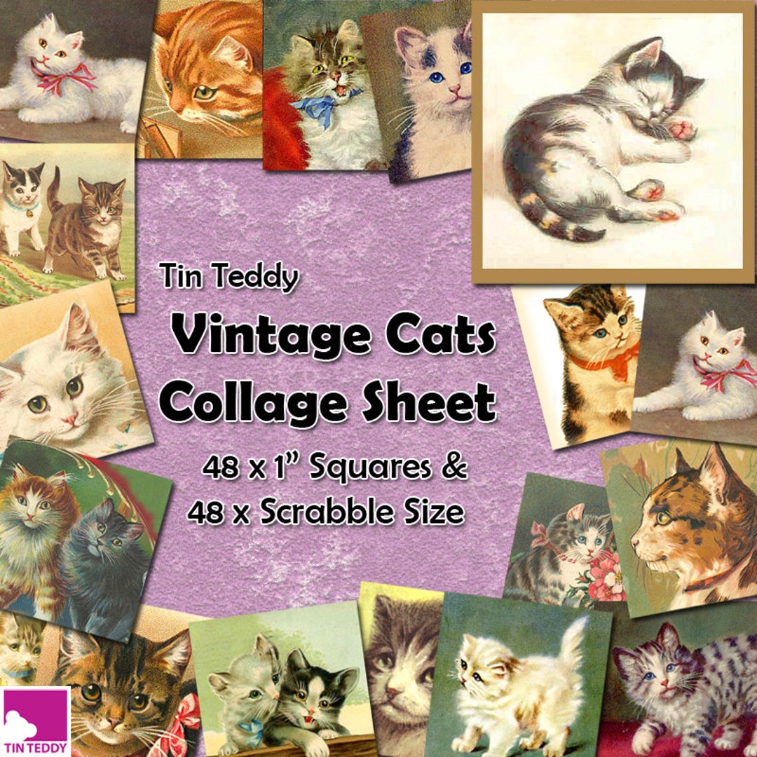 Vintage Cats Digital Collage Sheet - 1 Inch Squares and Scrabble Sized ...