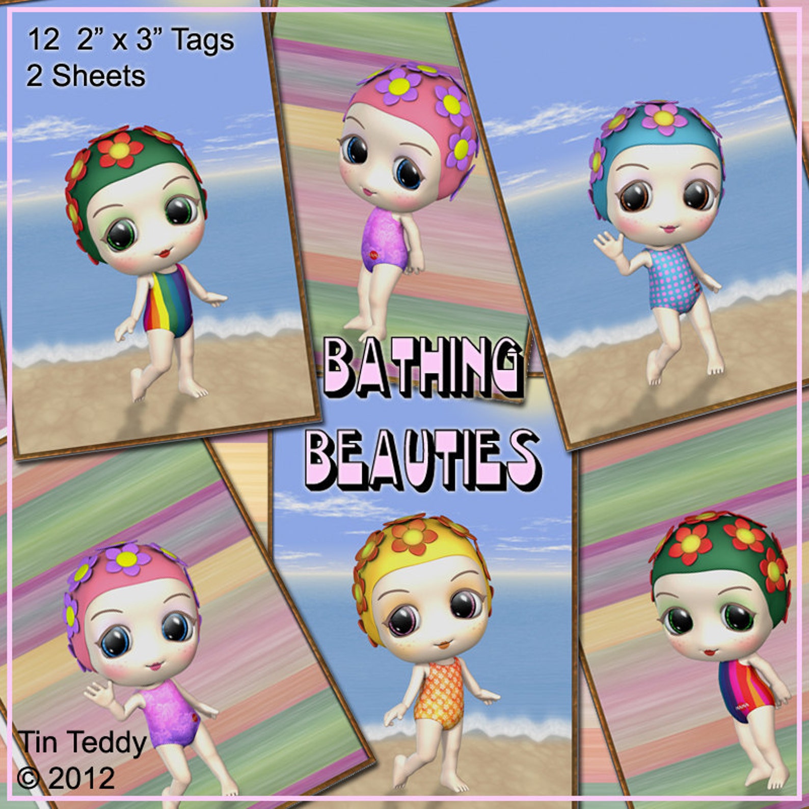 Digital Collage Sheet - Bathing Beauties Tags or Toppers - 24 for ...