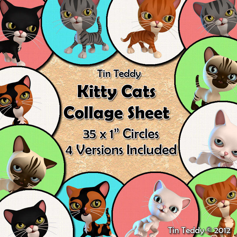 Kitty Cat Digital Collage Sheet - 1 Inch Kitten Circles X 36 in 4 ...