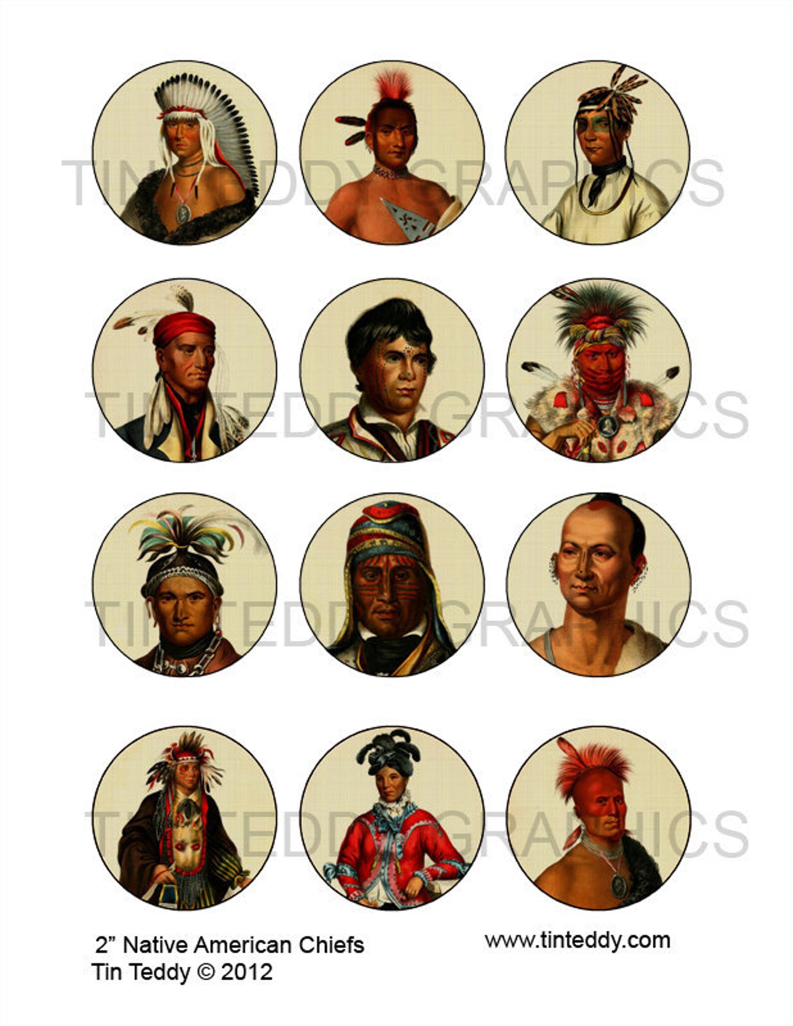Native American Chiefs - 2 Inch Circles / Cupcake Toppers Mirrors Etc ...