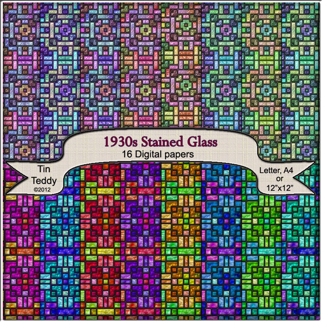 30s Stained Glass Digital Papers 16 Jewel Bright Backgrounds for ...