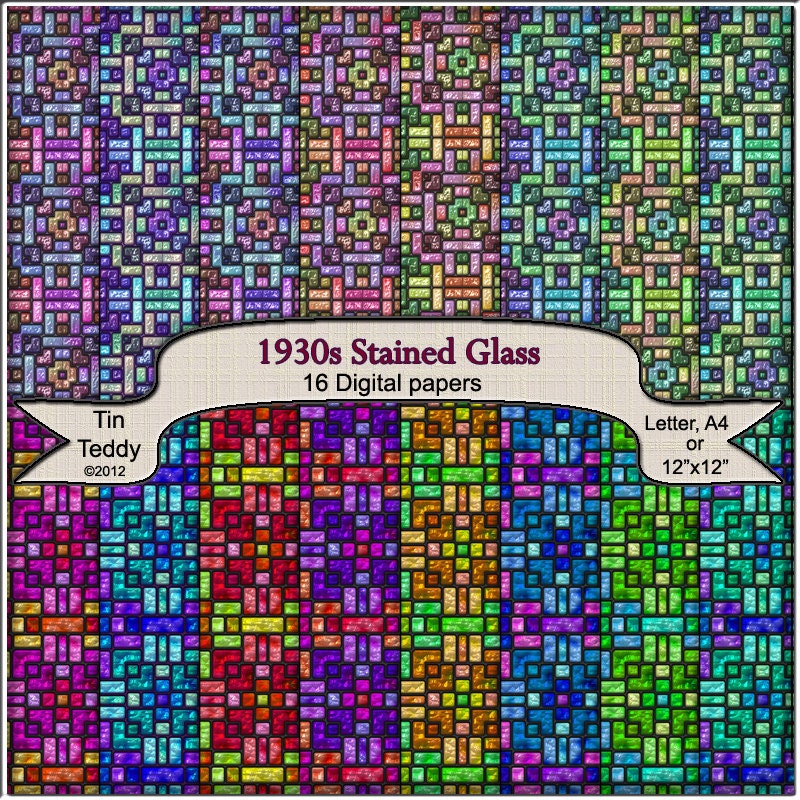30s Stained Glass Digital Papers 16 Jewel Bright Backgrounds for ...