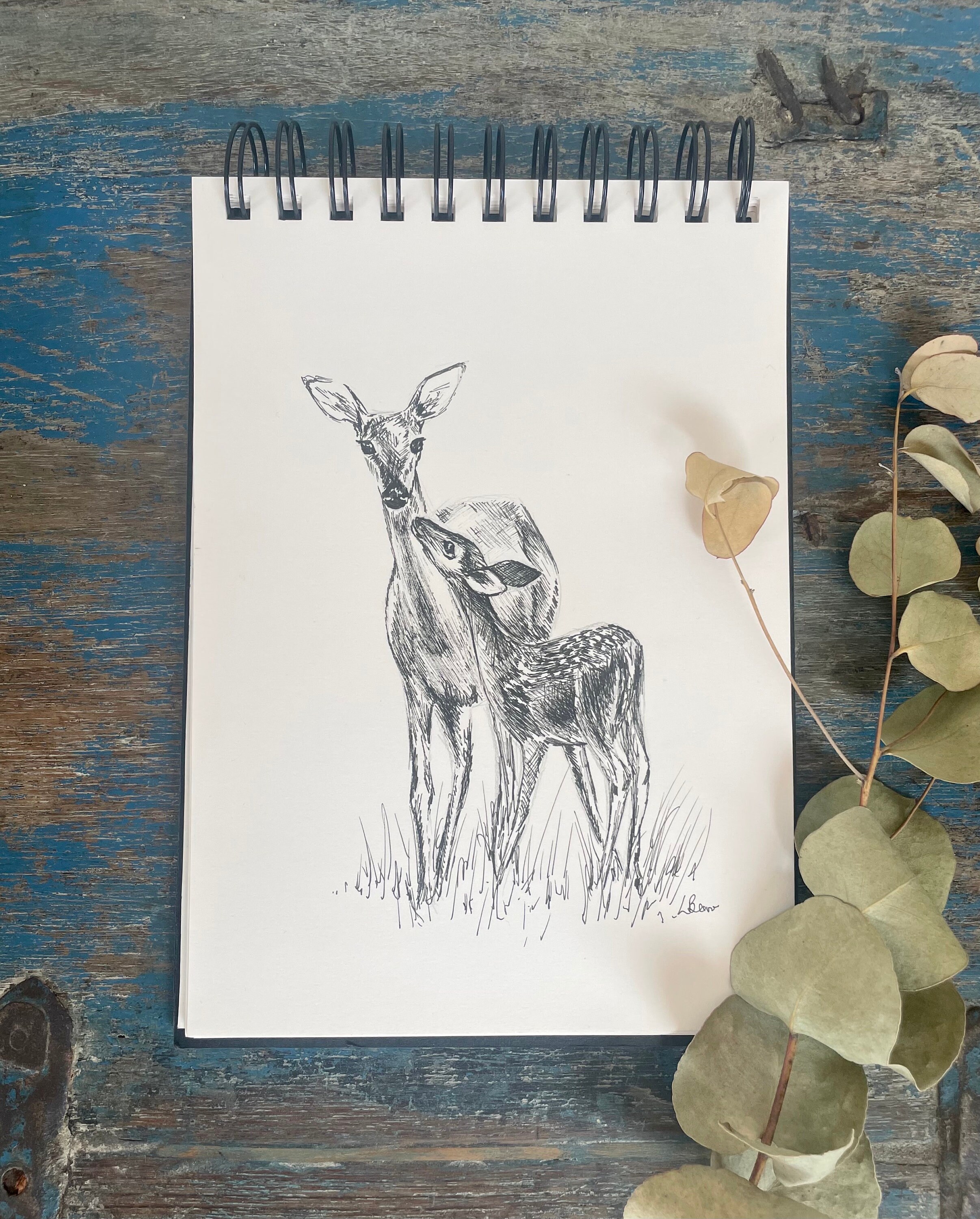 Original Deer and Faun Ink Drawing. Handmade Art. Deer Wildlife ...