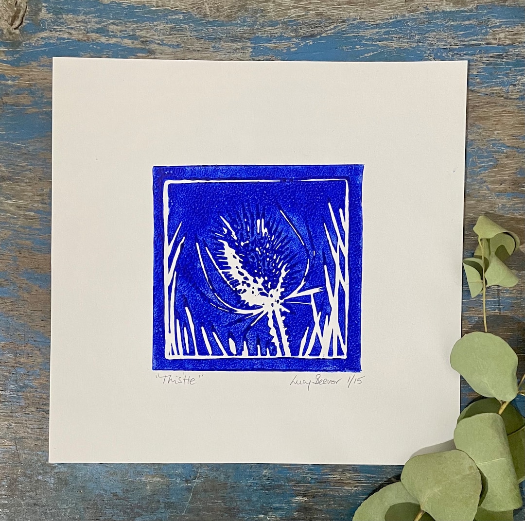 Scottish Thistle Lino Print Original Art. Botanical Folk Wall Art ...