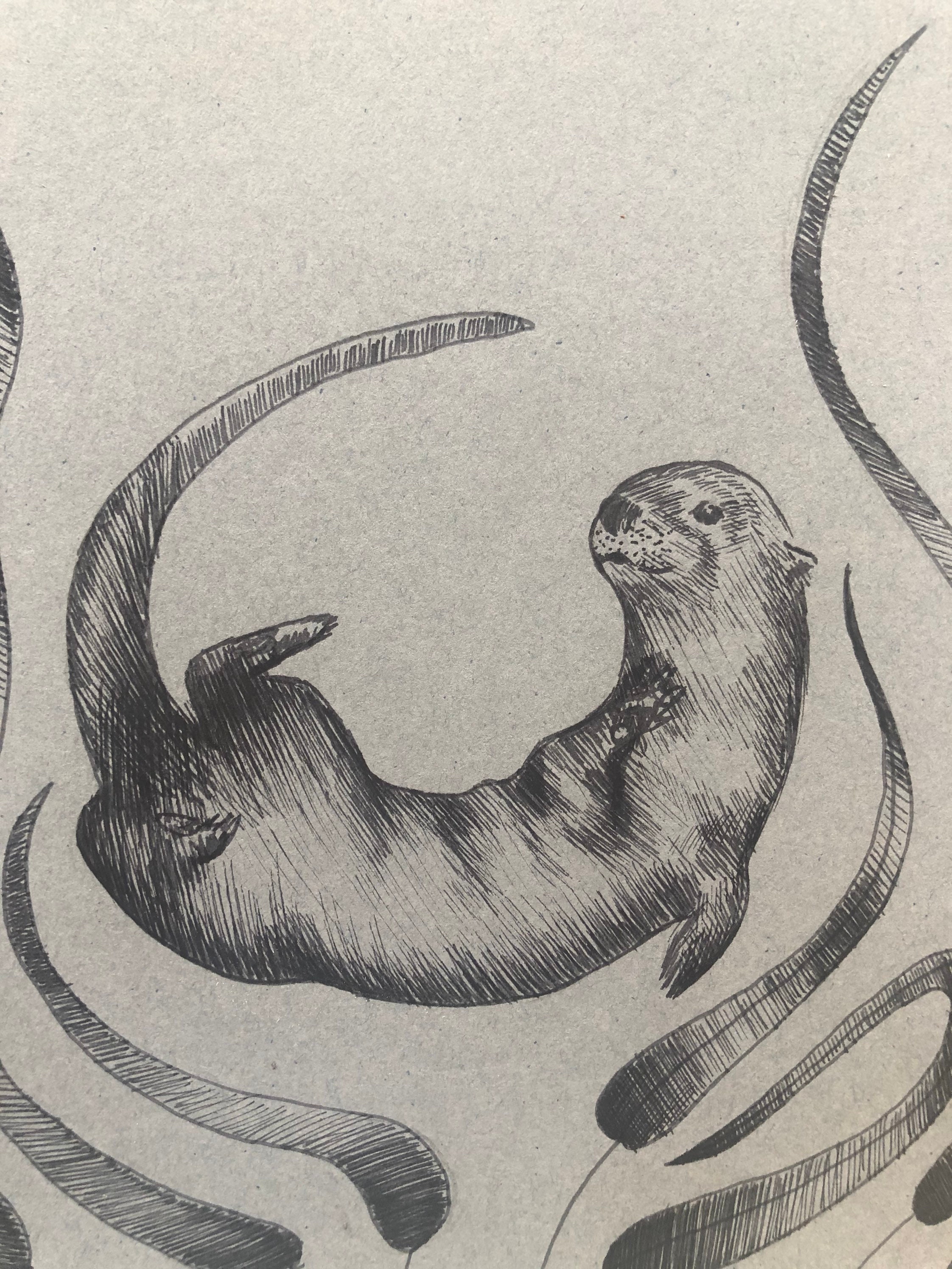 Original Otter Swimming Ink Drawing. Wildlife Ink Drawings. Gold Leaf ...