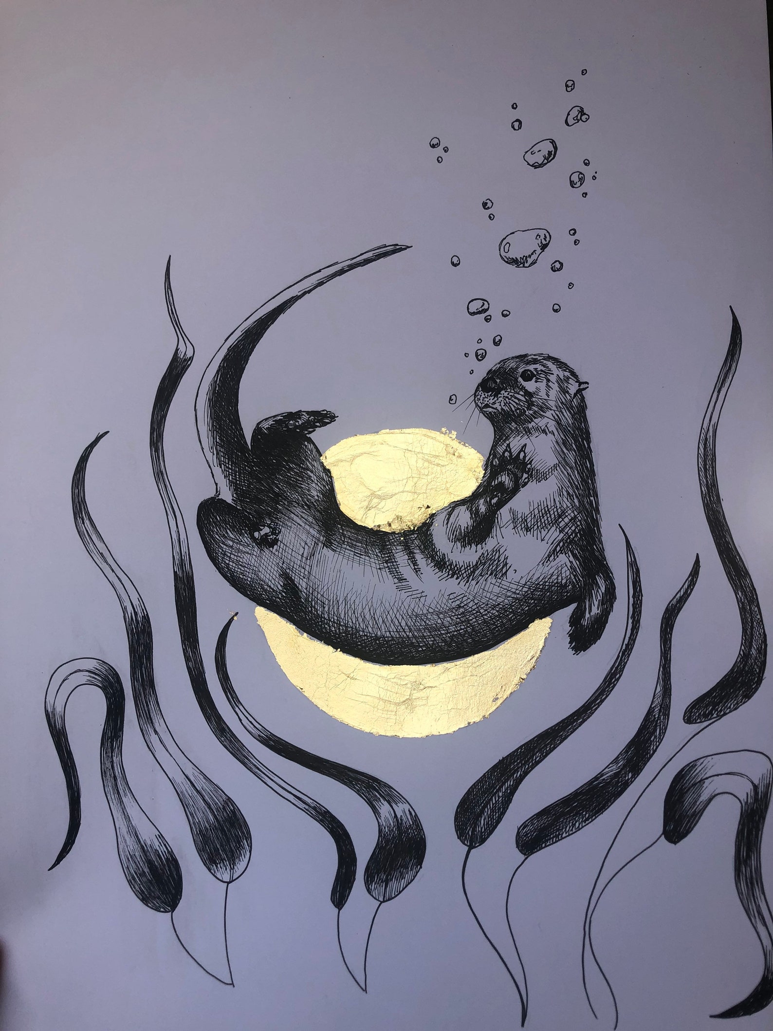 Original Otter Swimming Ink Drawing. Wildlife Ink Drawings. Gold Leaf ...