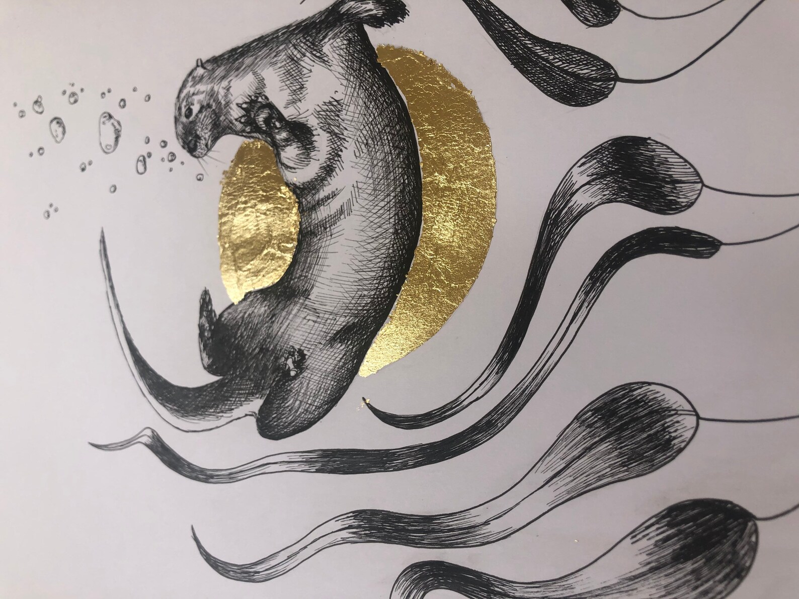 Original Otter Swimming Ink Drawing. Wildlife Ink Drawings. Gold Leaf ...