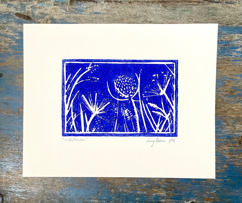 Wildflowers Lino Print Original Art. Botanical Folk Wall Art. Cow ...