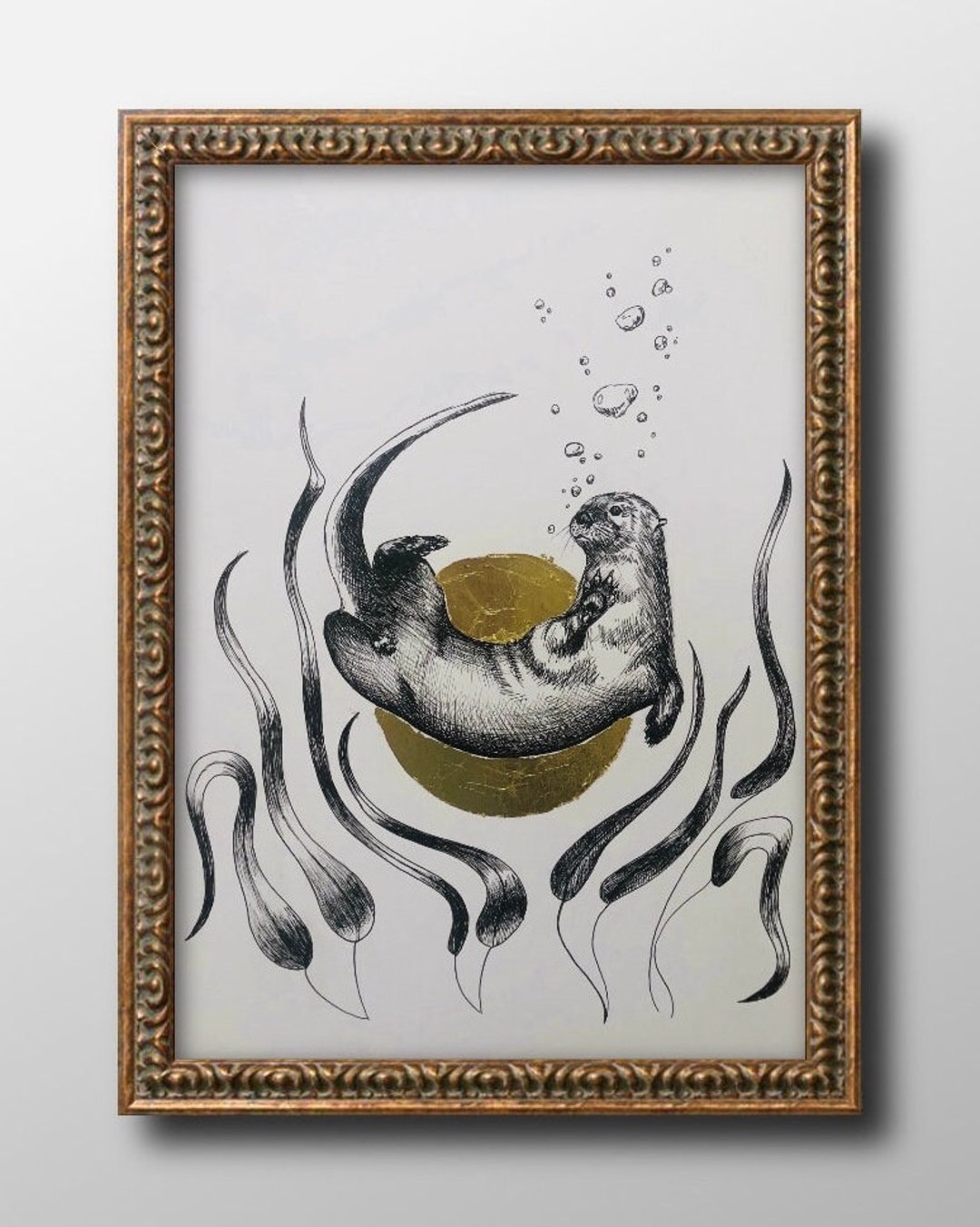 Original Otter Swimming Ink Drawing. Wildlife Ink Drawings. Gold Leaf ...