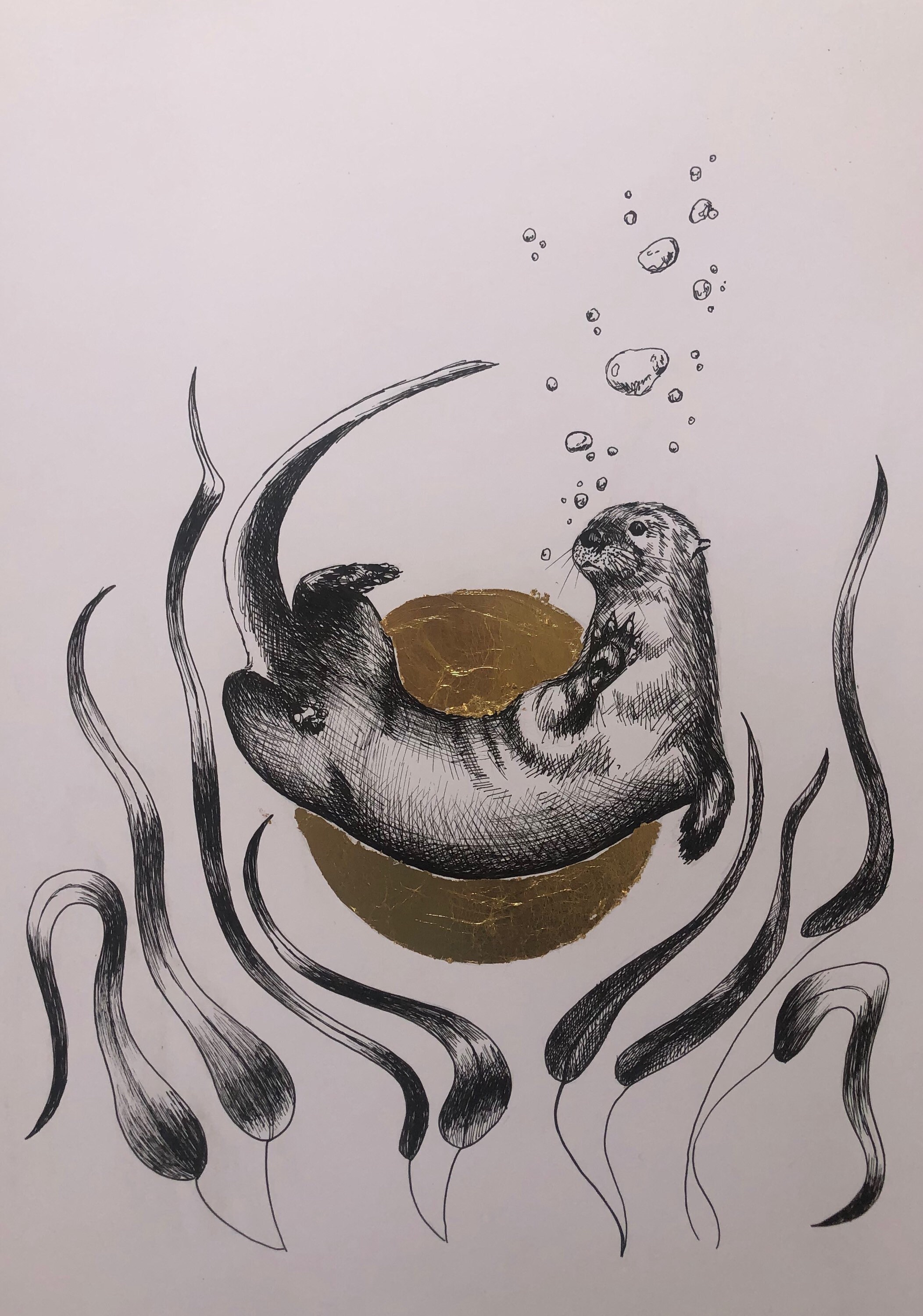 Original Otter Swimming Ink Drawing. Wildlife Ink Drawings. Gold Leaf ...