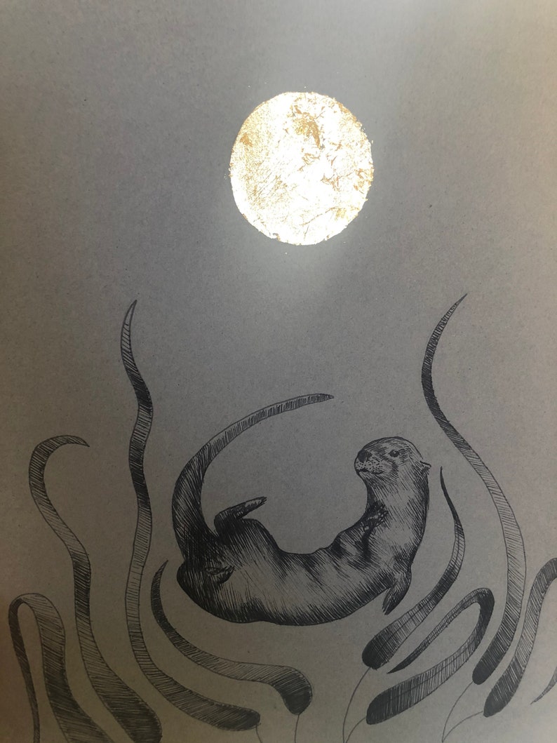 Original Otter Swimming Ink Drawing. Wildlife Ink Drawings. Gold Leaf ...