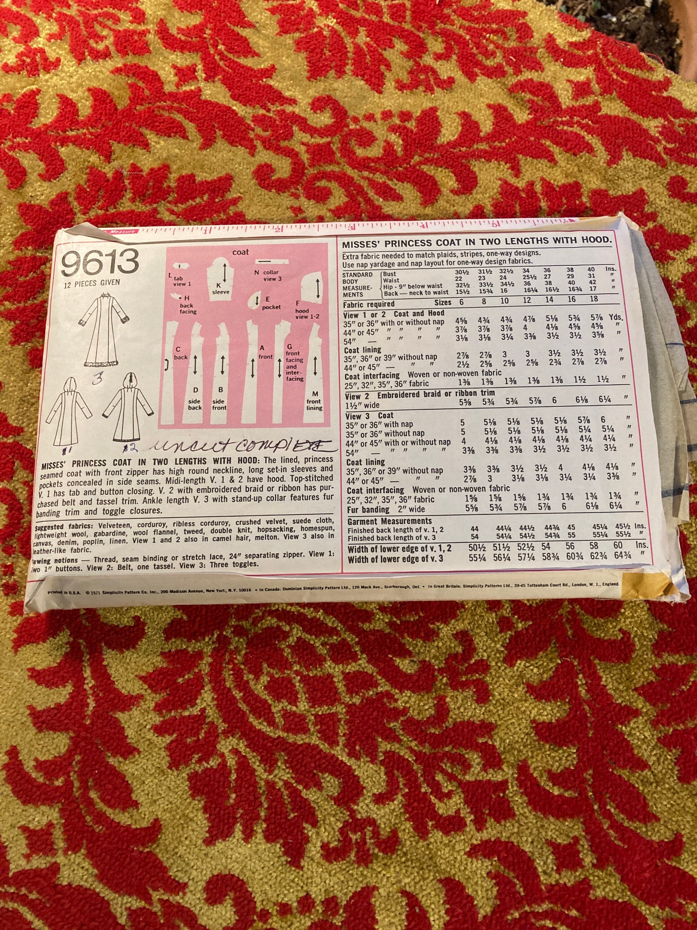 Vintage 1970s Simplicity 9613 Sewing Pattern Size 12 Bust 34 - Etsy