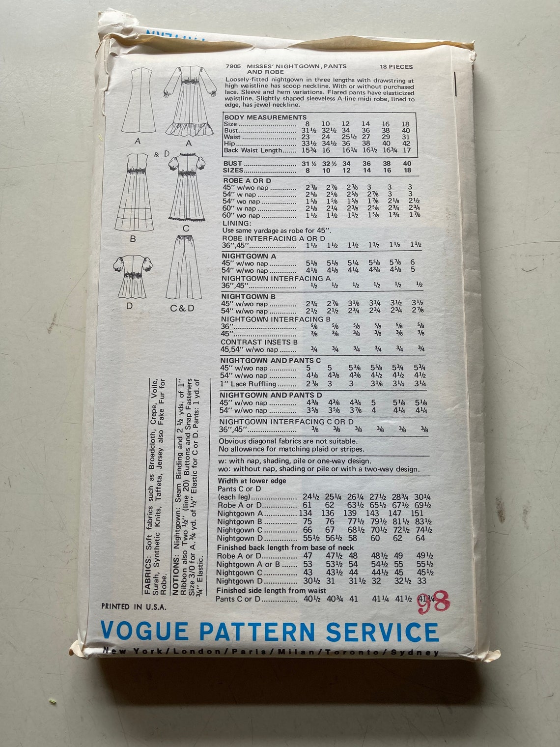 RARE Vintage 1970's Vogue 7905 Sewing Pattern Size 14 Bust 36 or Size ...