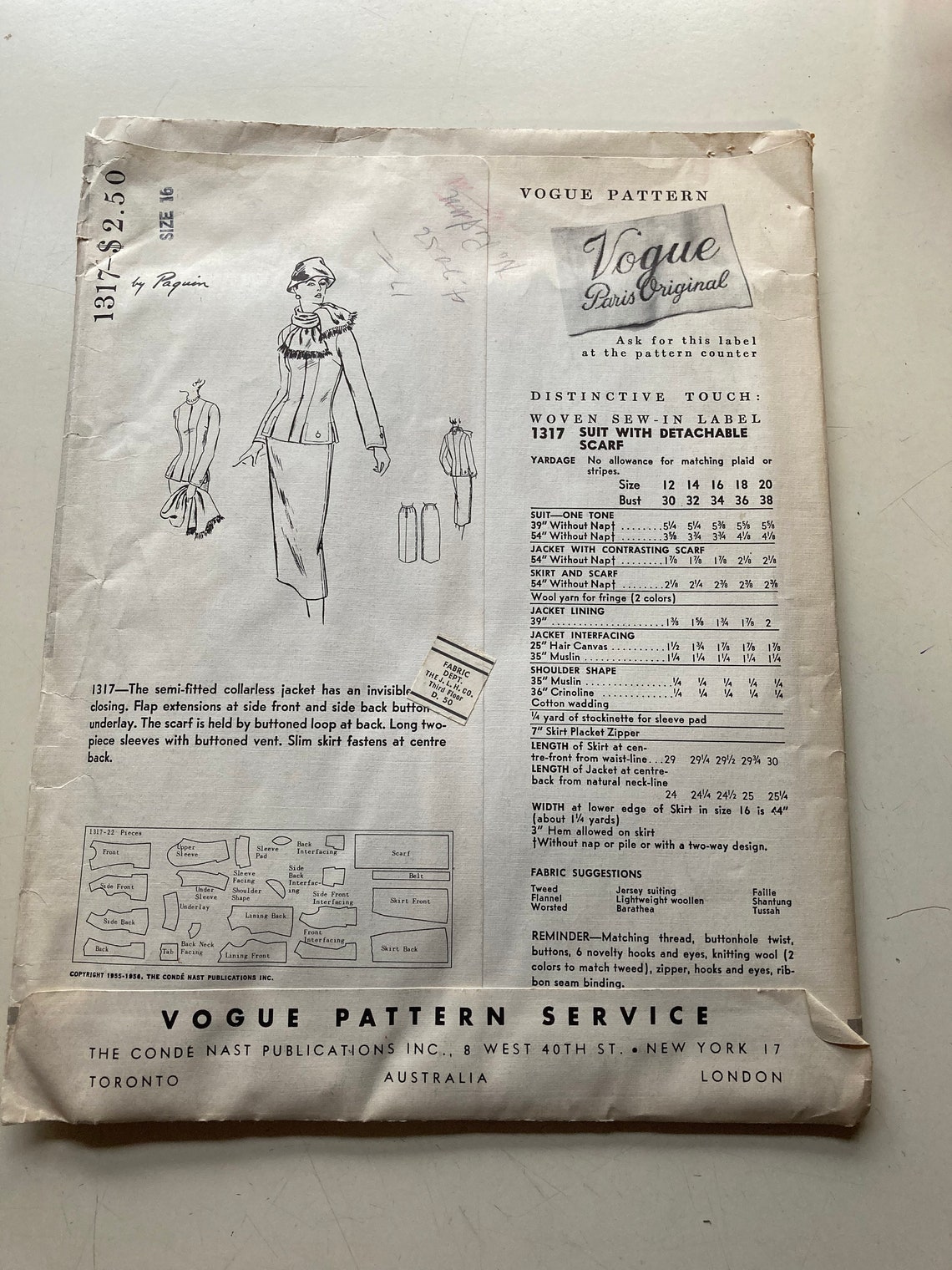 MEGA RARE Vintage 1950's Vogue 1317 Paris Original Paquin Sewing ...