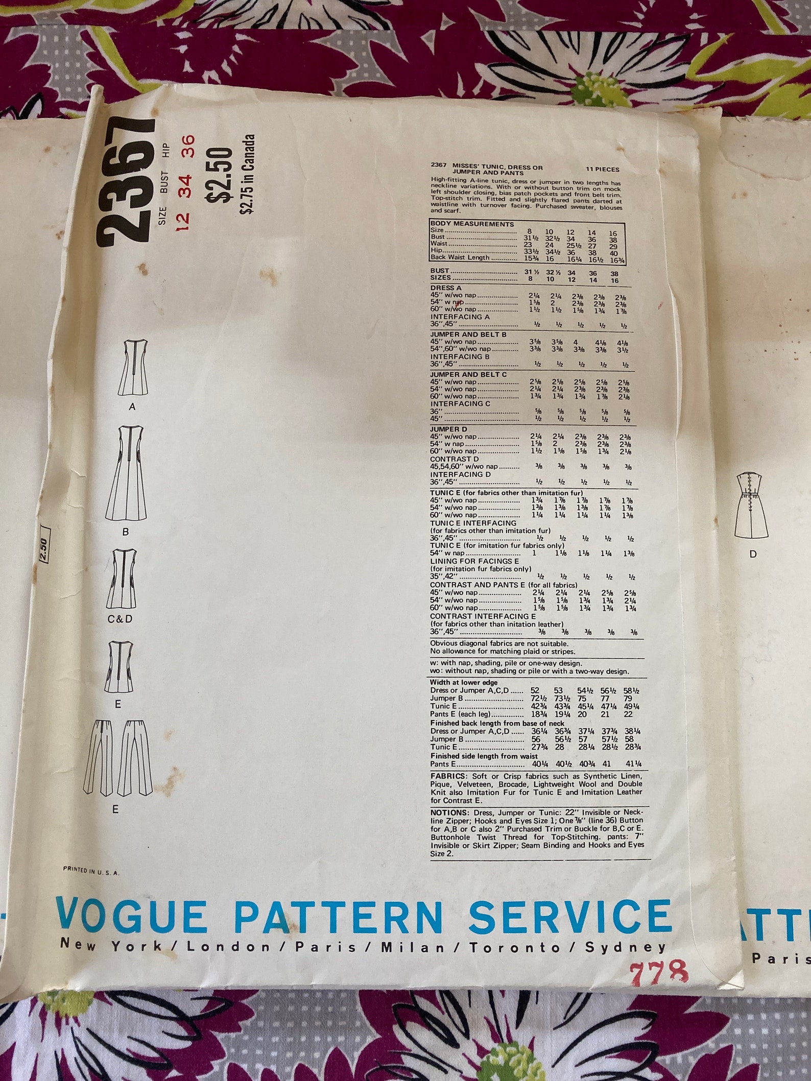 Vintage 1970's Vogue's Basic Design 2367 or 2297 Sewing Pattern U ...