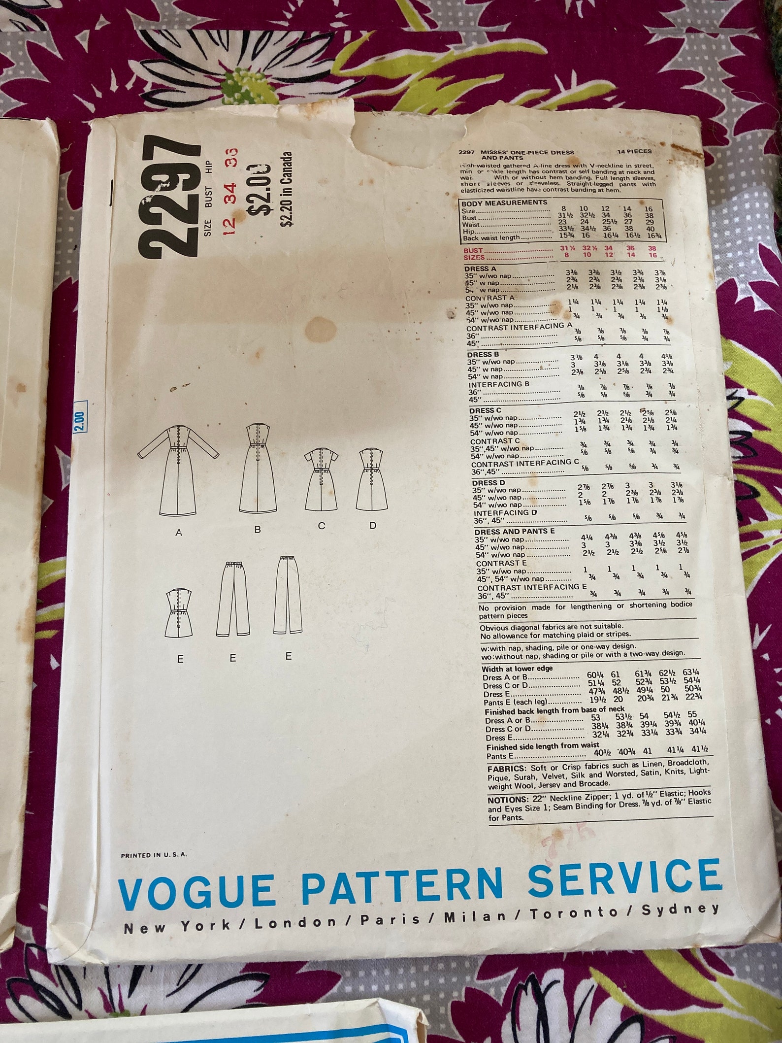 Vintage 1970's Vogue's Basic Design 2367 or 2297 Sewing Pattern U ...