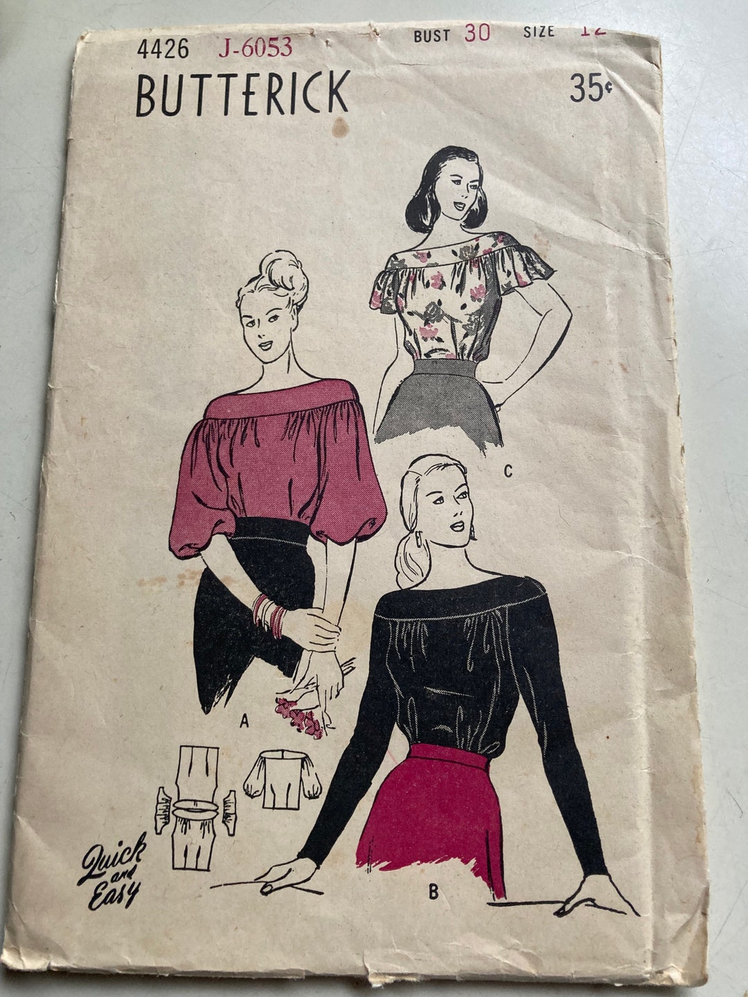 Vintage 1940's Butterick 4426 Sewing Pattern Size 12 Bust 30 - Etsy