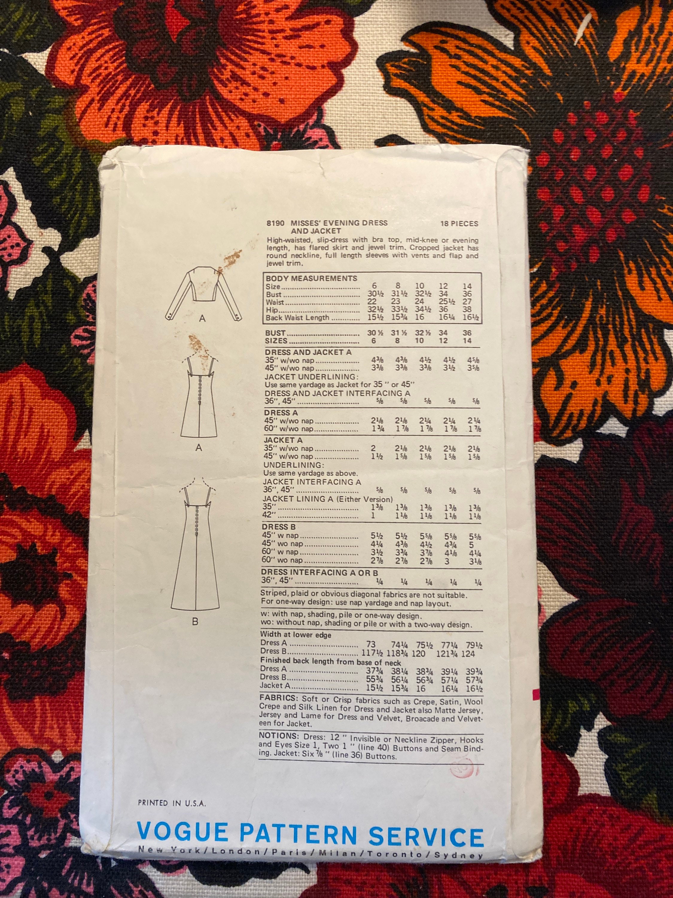 Vintage 1970’s Vogue 8190 Evening Dress & Jacket Sewing Pattern Size 12 ...