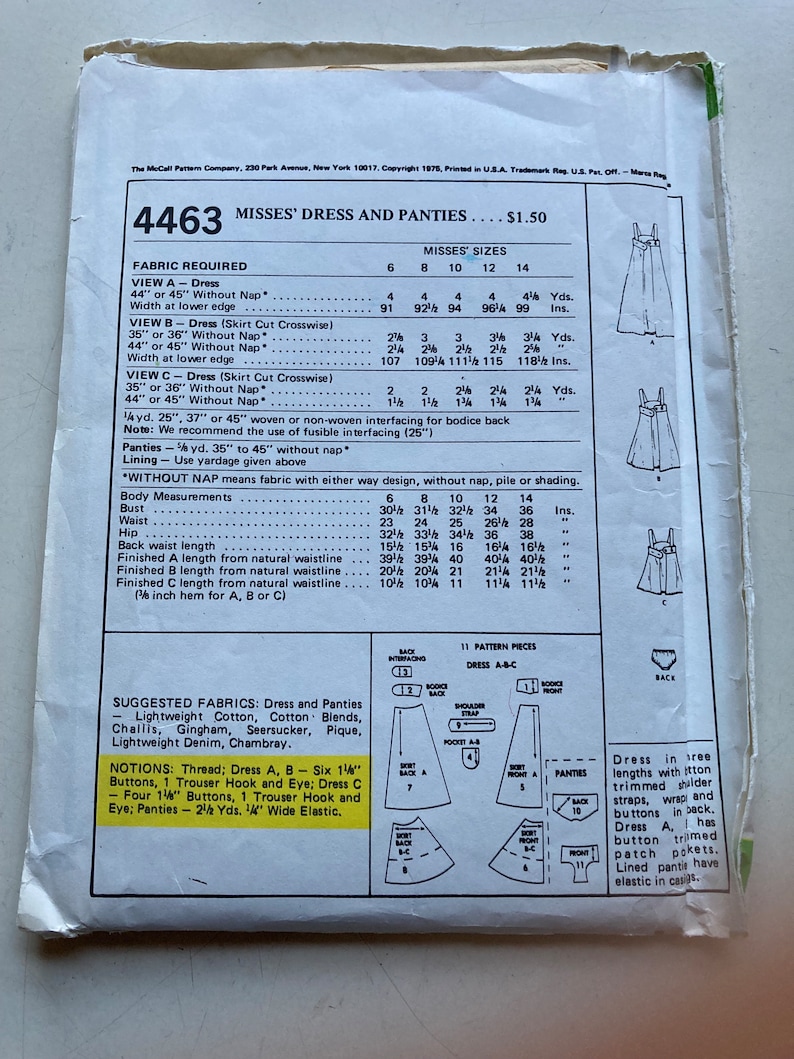 Vintage 1970's Mccall's 4463 Sewing Pattern Size 12 Bust 34 or Size 14 ...