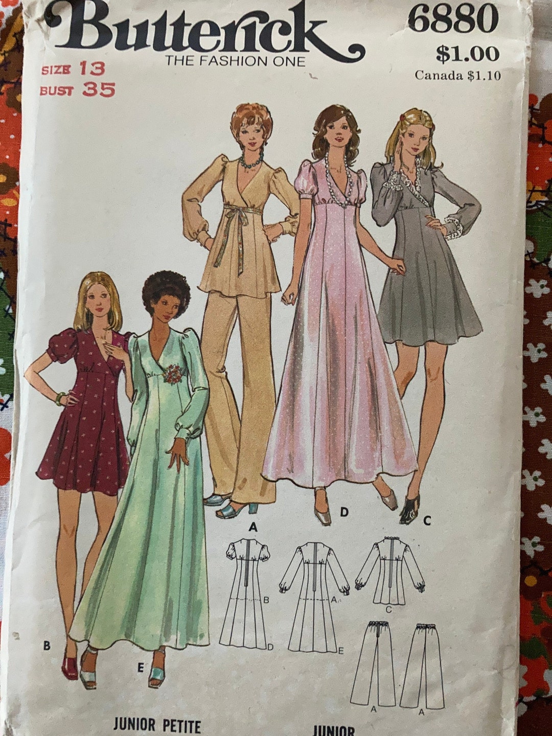 Vintage 1970s Butterick 6880 Dress or Tunic and Pants Sewing Pattern ...