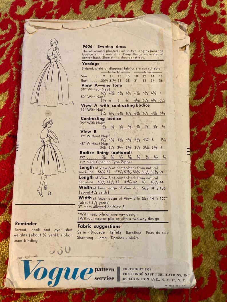 Vintage 1950s Vogue 9606 Sewing Pattern Size 14 Bust 34 - Etsy