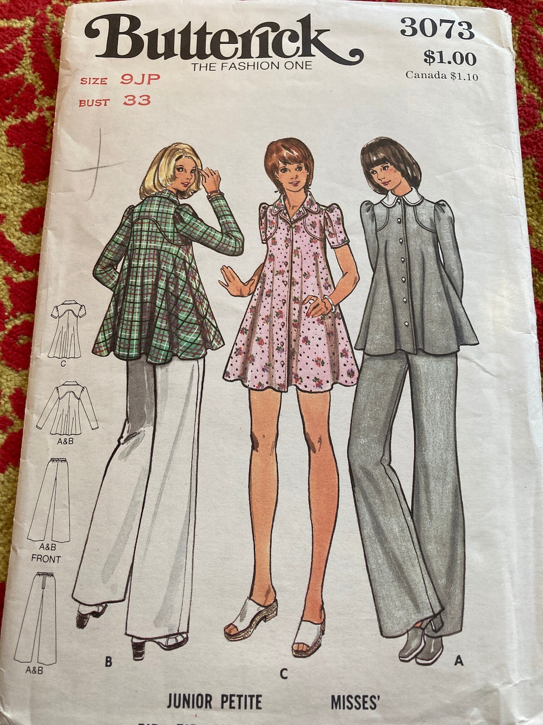 RARE Vintage 1970's Butterick 3078 Sewing Pattern Size 9JP Bust 33 FF ...