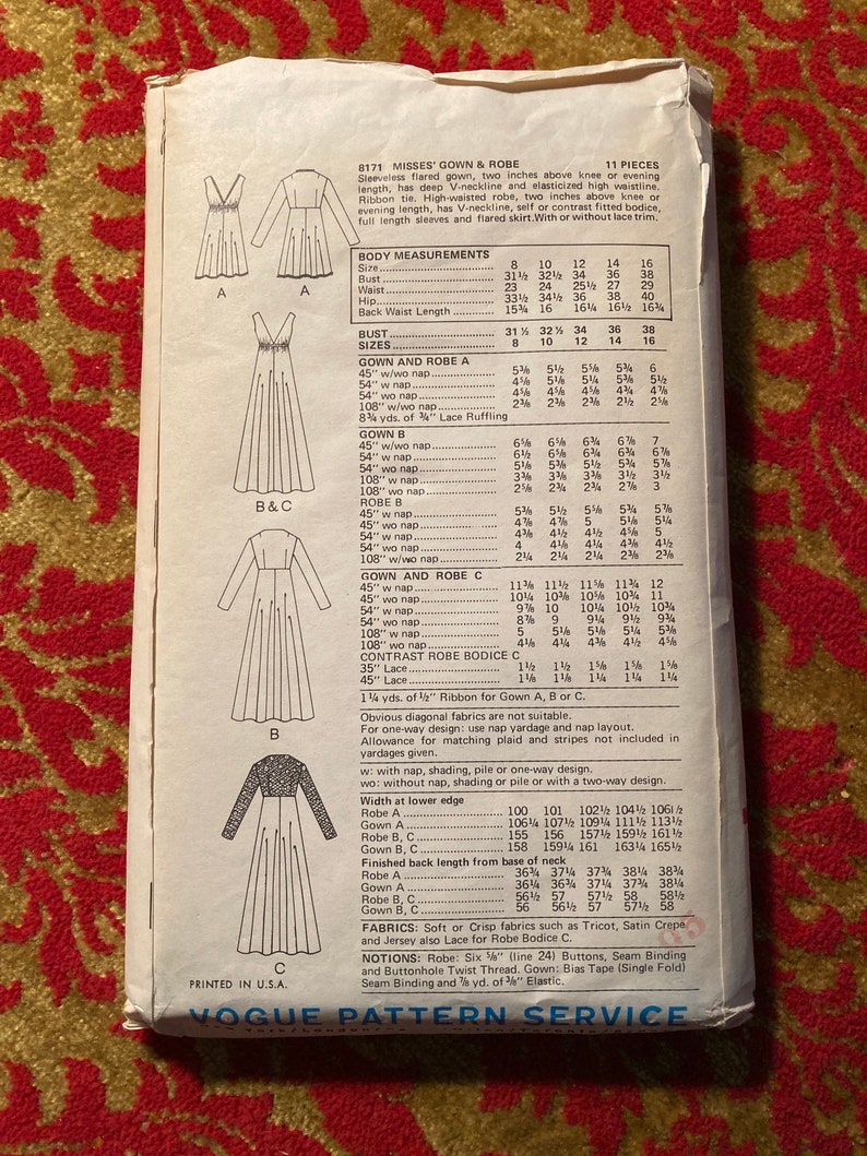 Vintage 1970's Vogue 8171 Gown and Robe Sewing Pattern Size 10 Bust 32. ...