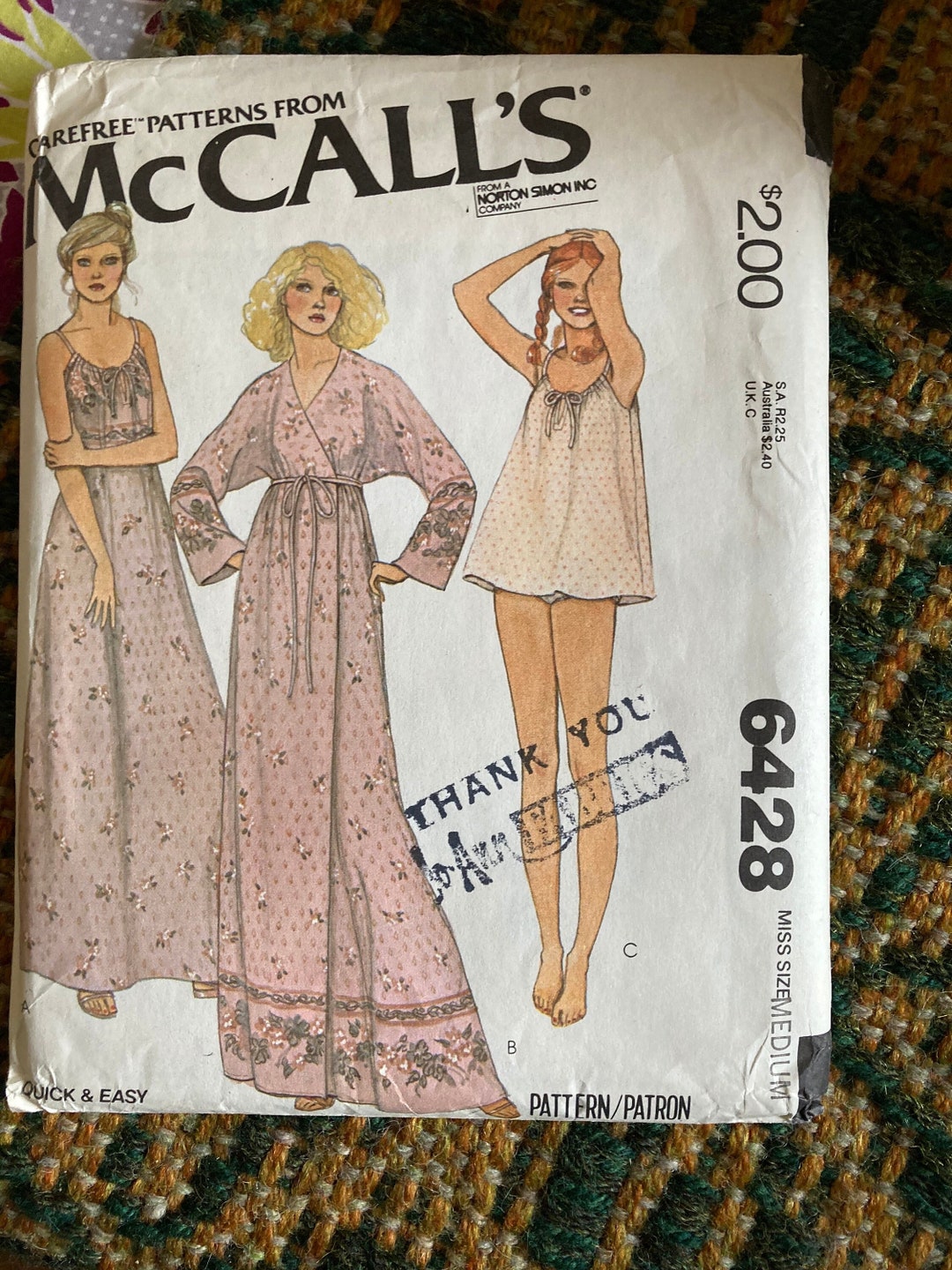 Vintage 1970's Mccall's 6428 Sewing Pattern Size Medium 14-16 Bust 36 ...