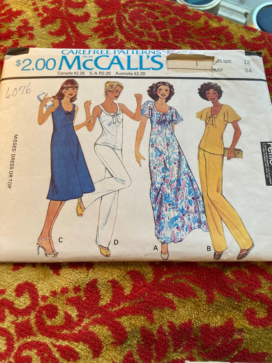 Vintage 1970's Mccall's 6076 Sewing Pattern Size 12 Bust 34 FF - Etsy