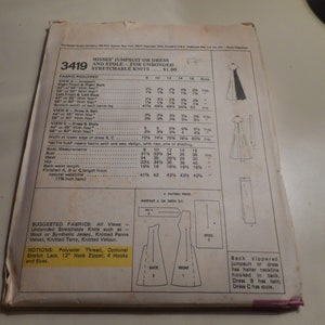 Vintage 1970's Mccall's 3419 Jumpsuit or Dress and Stole Sewing Pattern ...