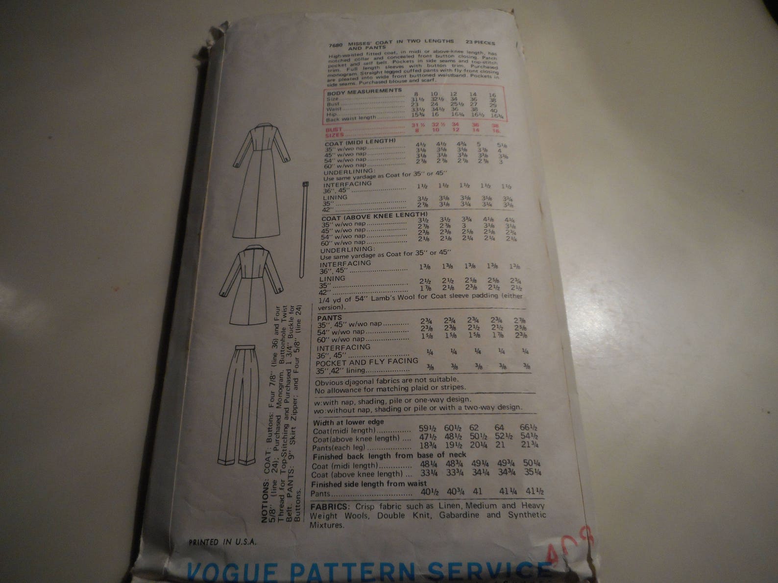 Vintage 1970's MISS VOGUE 7680 Coat and Pants Sewing Pattern Size 8 ...