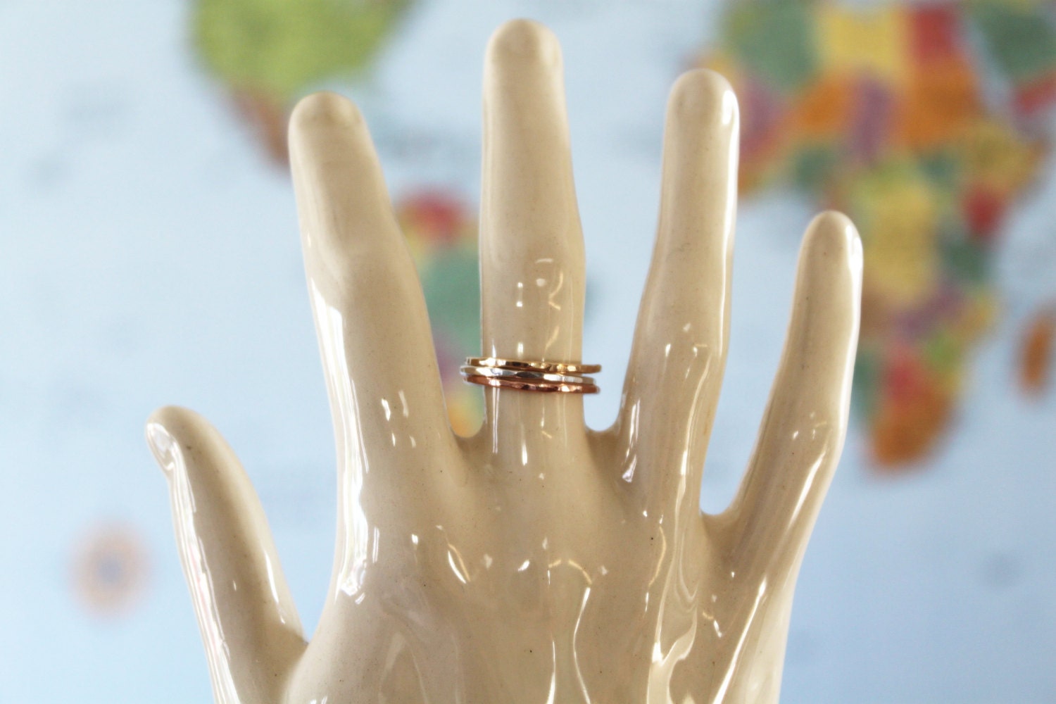 Dainty Hammered Tri Color Band Set//sterling Silver Yellow | Etsy