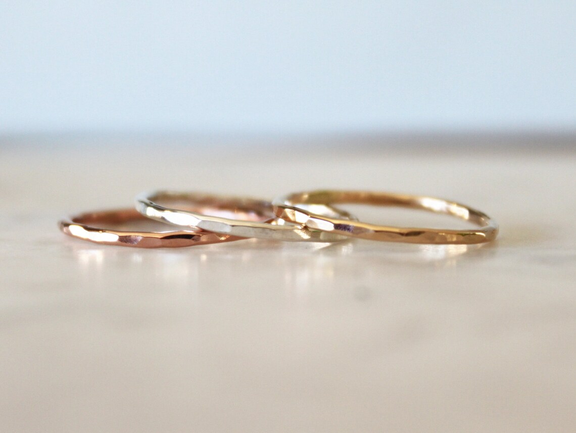 Dainty Hammered Tri Color Band Set//sterling Silver Yellow - Etsy