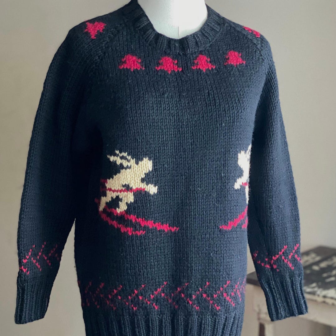 Vintage 1970’S Wool Ski Sweater Hand Knit Downhill Skiers Black Red ...