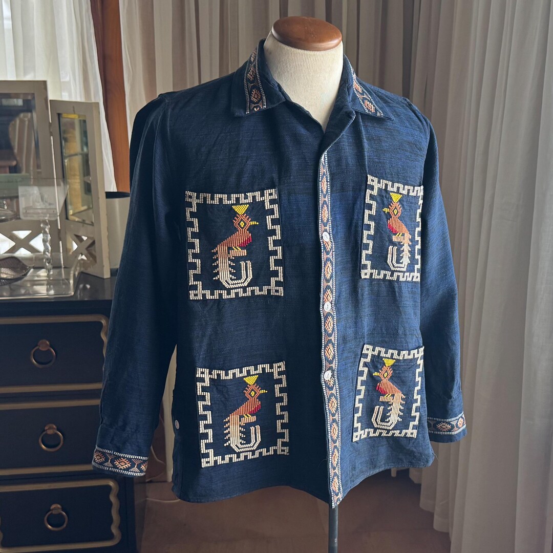 Vintage 70’s Quetzal Bird Hand Embroidered Hippie Shirt Jacket Navy ...