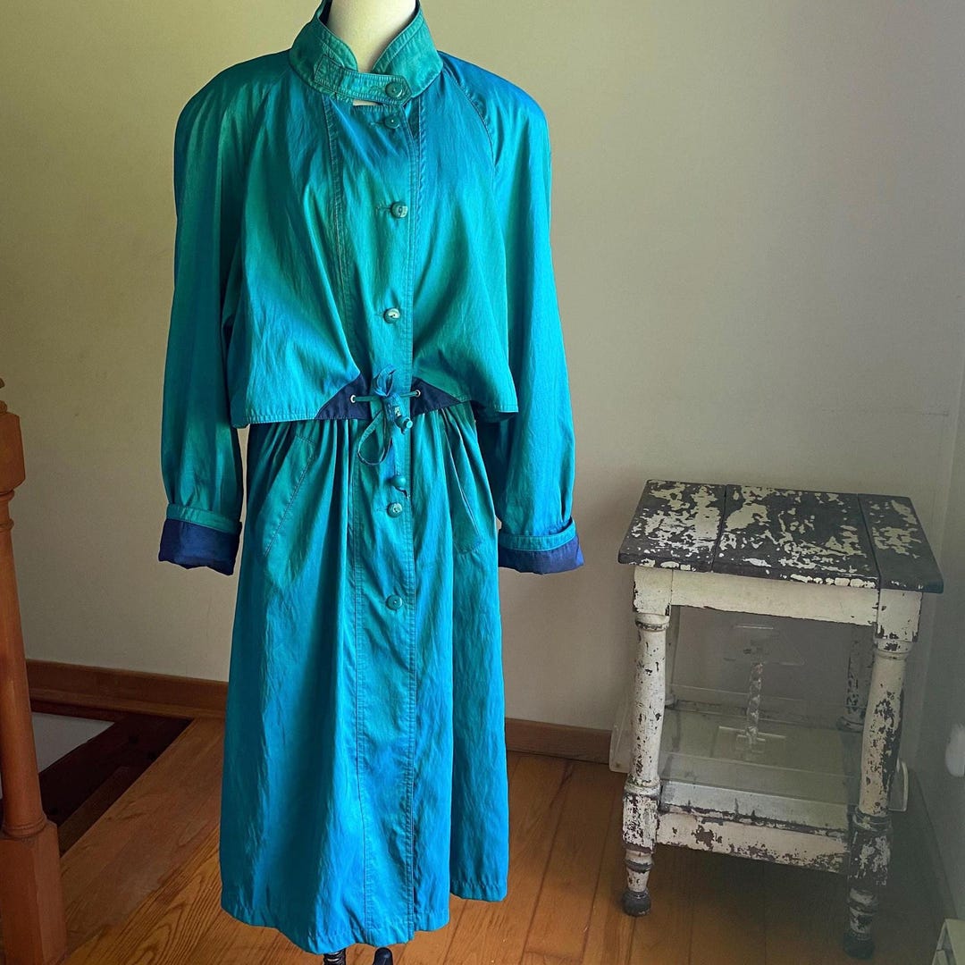 Vintage 80’s Turquoise & Navy Blue Rain Trench Coat Iridescent Teal ...