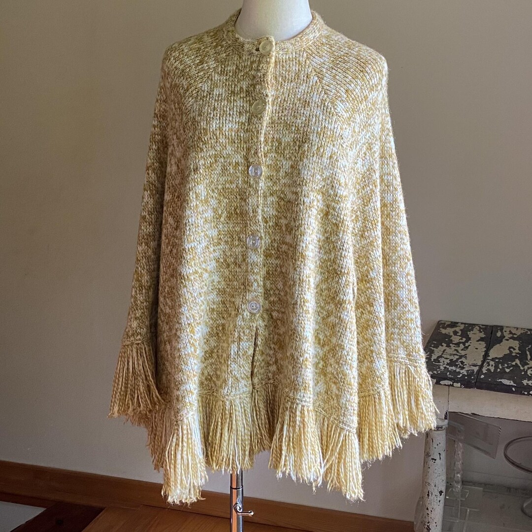 Vintage 70’s Knit Cape Button Front Poncho Harvest Gold/olive Green ...