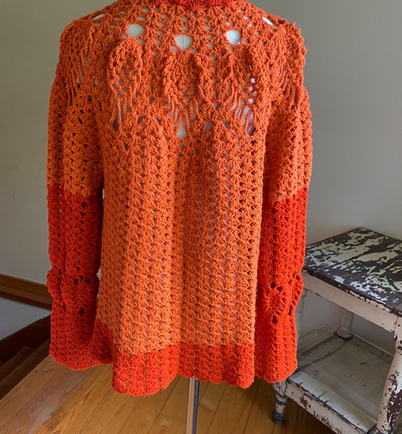 Vintage 80’s crochet open cardigan pumpkin orange han… - Gem