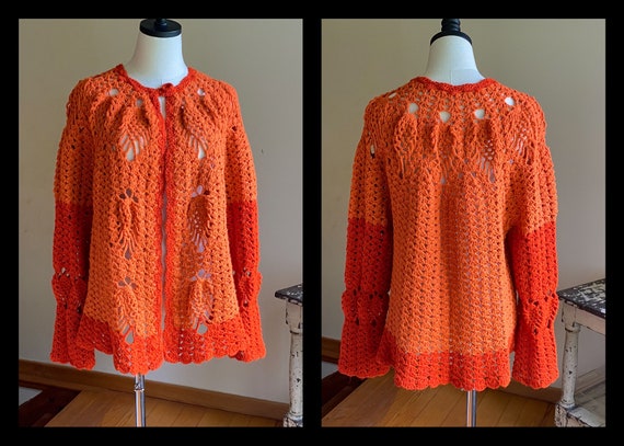 Vintage 80’s crochet open cardigan pumpkin orange han… - Gem