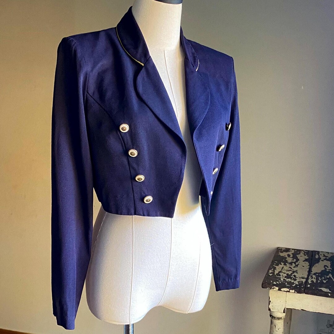 Vintage 80s Naval Military Jacket Navy Blue & Gold Cropped Short Blazer ...