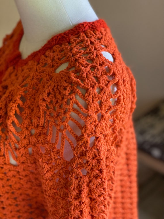 Vintage 80’s crochet open cardigan pumpkin orange han… - Gem