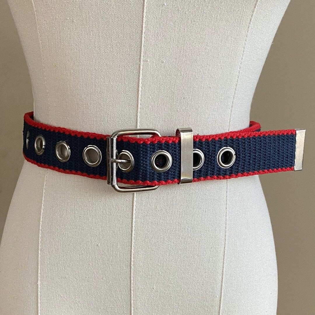 Vintage 80’s Preppy Nautical Web Belt Navy Blue & Red BIG Silver ...