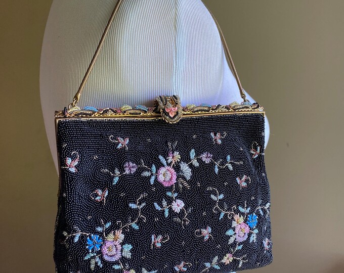 Vintage 30’s Black Beaded Evening Bag Blue Pink Floral Enamel Purse ...