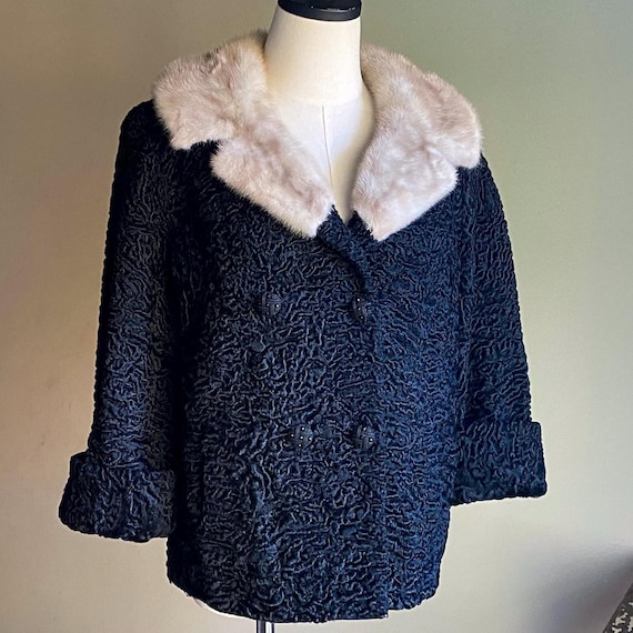 Vintage 50’s Persian Swakara curly black lamb beige m… - Gem