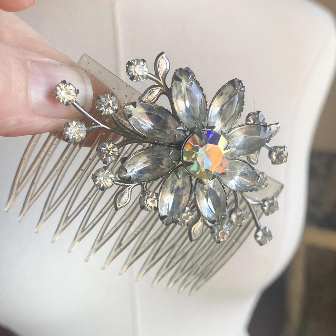 Vintage 60’s Rhinestone Flower Spray Iridescent Bridal Hair Comb - Etsy