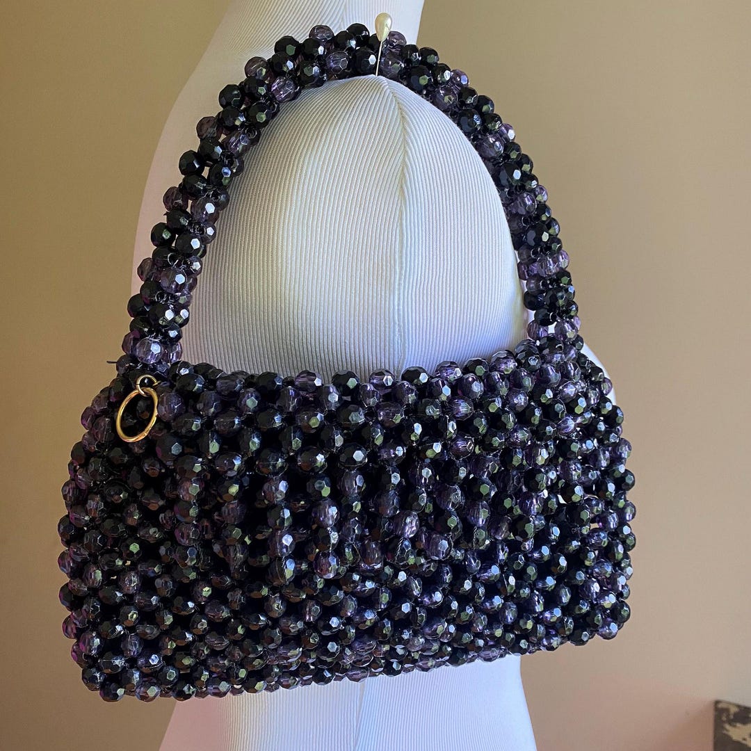 Vintage 60’s Crochet Beaded Purse Black & Purple Bead Fringe Handbag - Etsy