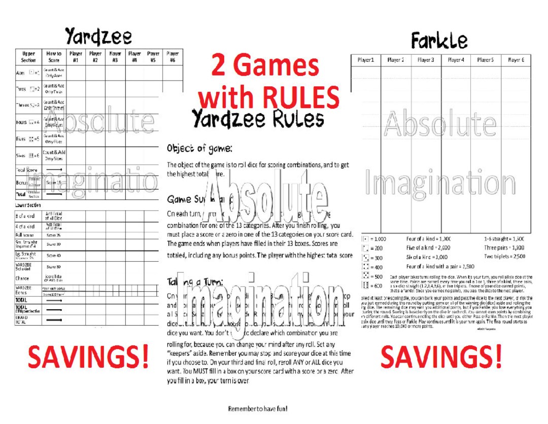 PRINTABLE. SUPER Bundle...yardzee, Yardzee Rules & Farkle Score Card ...